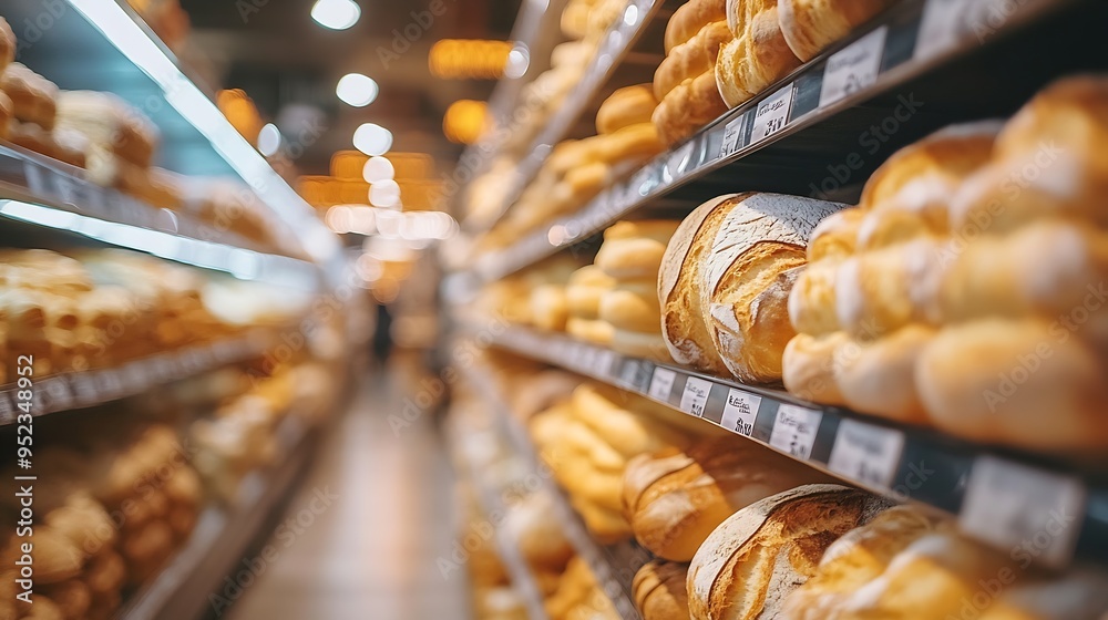 Abstract blurred supermarket aisle with bread bakery products and ...