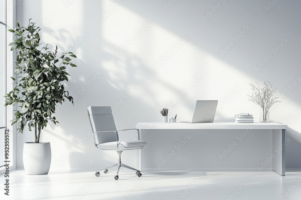 Minimalist office desk setup, on a white background, 3D render ...
