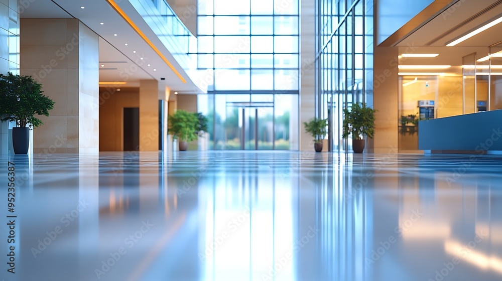 office building lobby blur background interior view toward reception ...