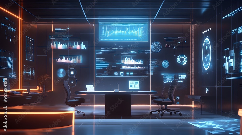 Futuristic AI Powered Office Workspace with Holographic Data Displays and Interactive Interfaces ...