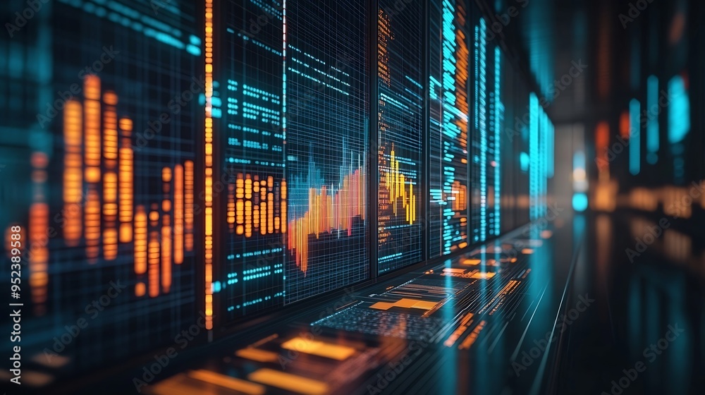 Image of multiple graphs and numbers changing over data center room ...