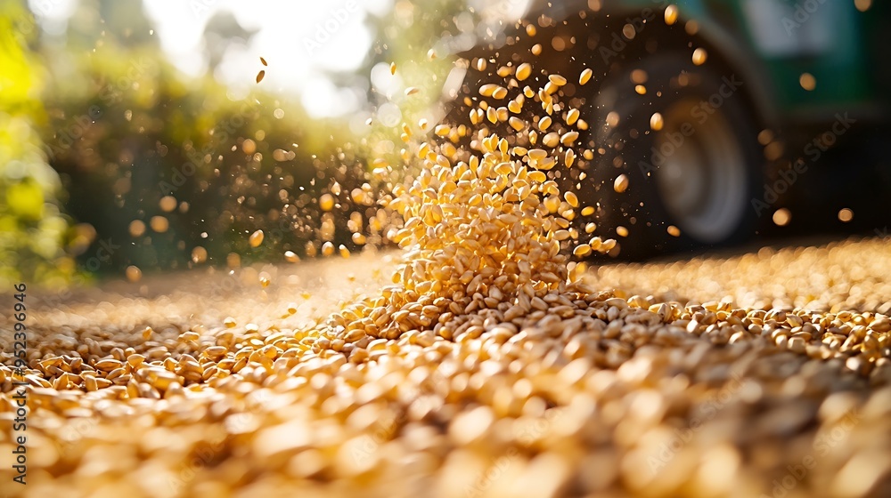 Fresh harvested Wheat seeds falling from tractor machine on the ground ...