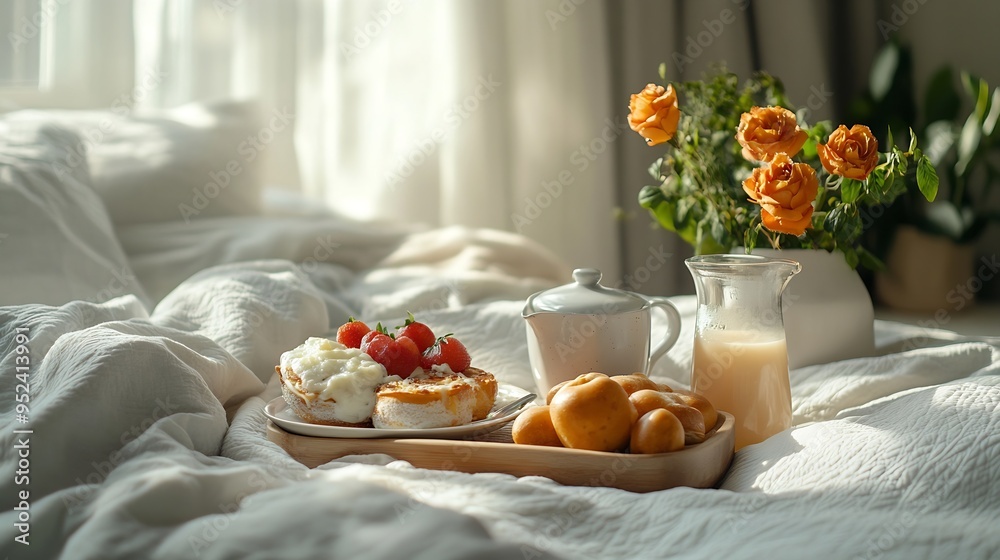 Good morning Tray with tasty breakfast on bed at home : Generative AI ...