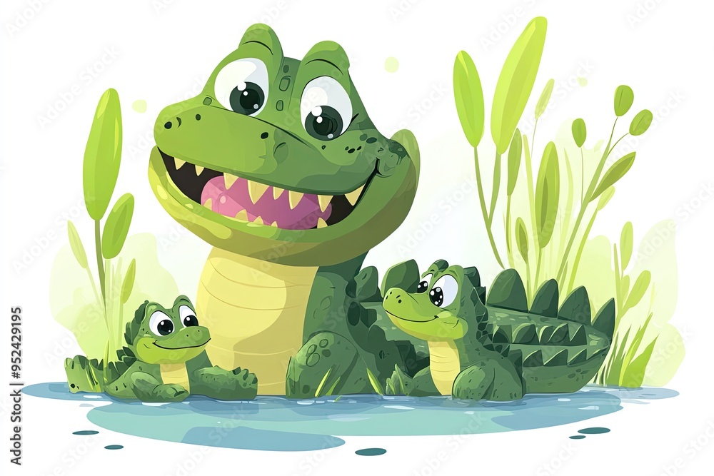Cute cartoon crocodile and hatchling characters swamp animals, cartoon ...