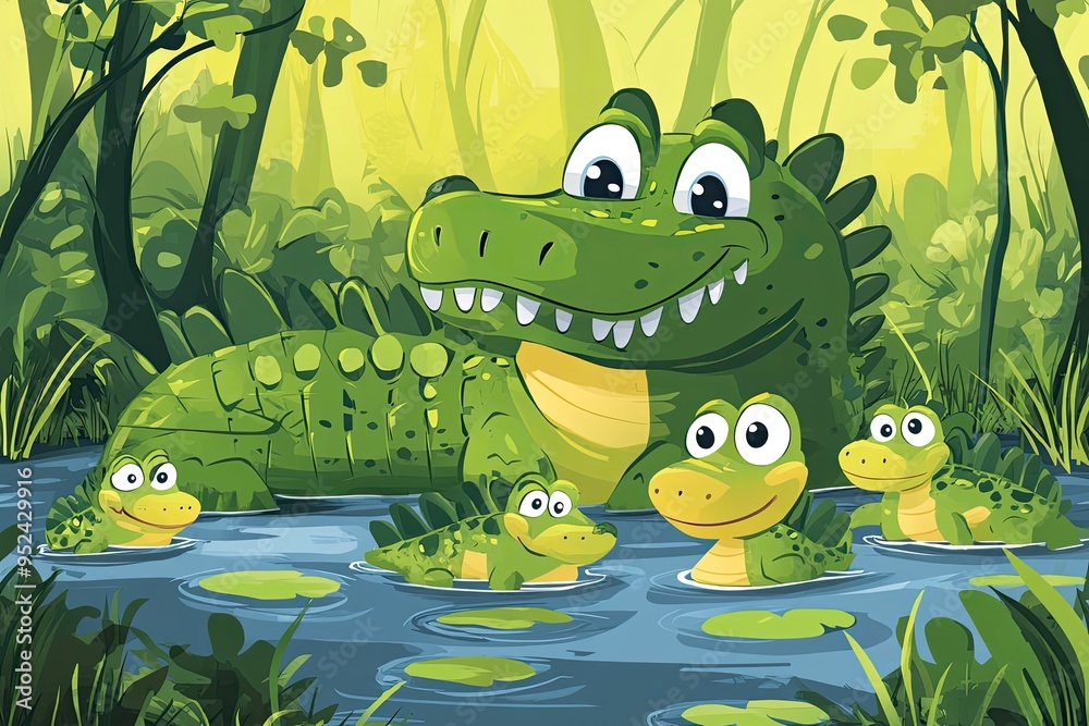 Cute cartoon crocodile and hatchling characters swamp animals, cartoon ...