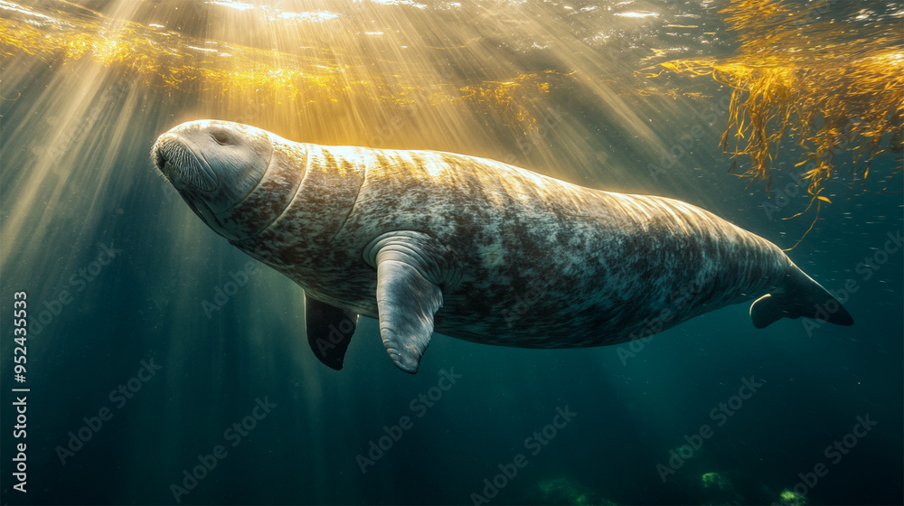 Extinct Steller’s Sea Cow floating serenely in shallow coastal waters ...