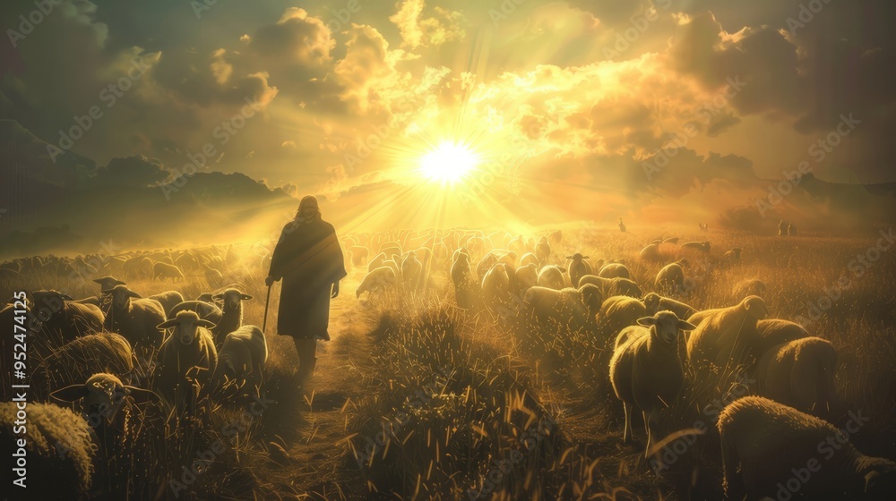 Shepherd Jesus Christ leading the flock and praying to Jehovah God and ...