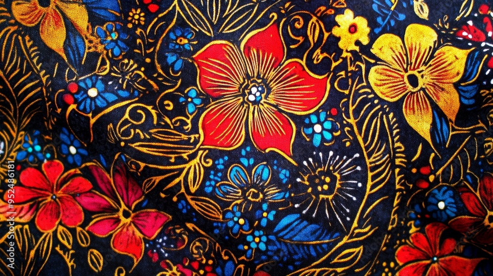 A traditional Indonesian batik design with intricate patterns of ...