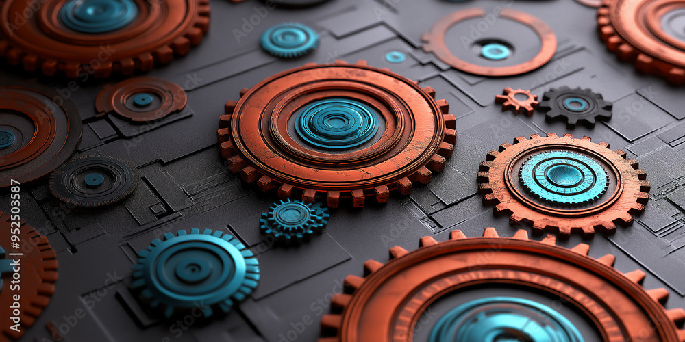 Bronze and teal blue gear cog wheel on black texture background ...