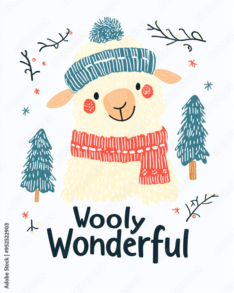 2d cartoon flat illustration. A t-shirt design with text saying Wooly ...