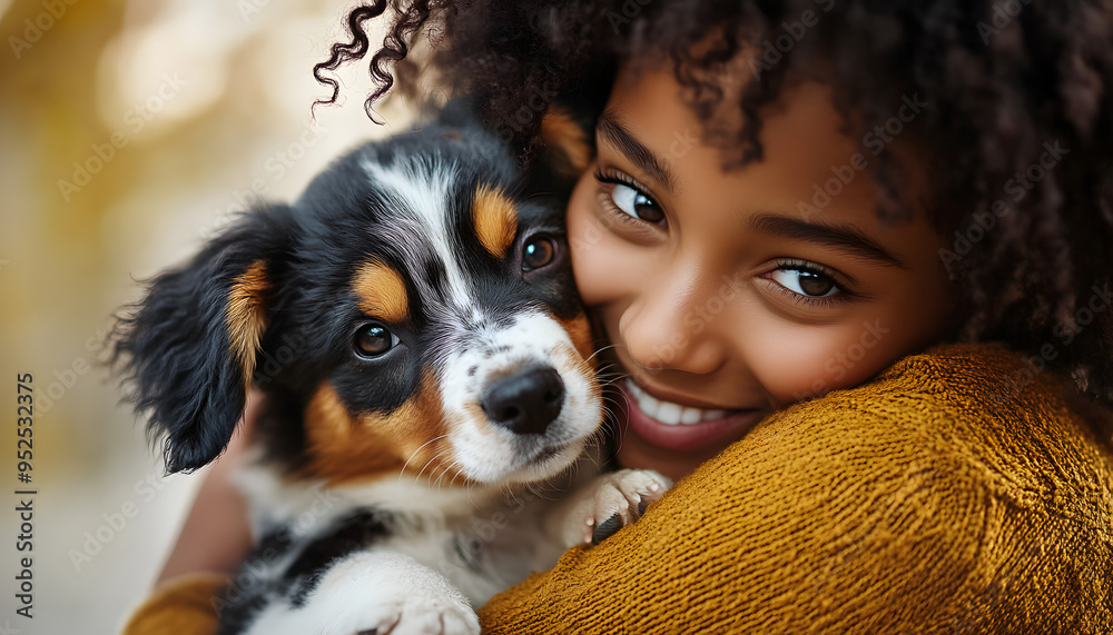 African American young woman embracing her dog. Pleased happy Afro girl ...