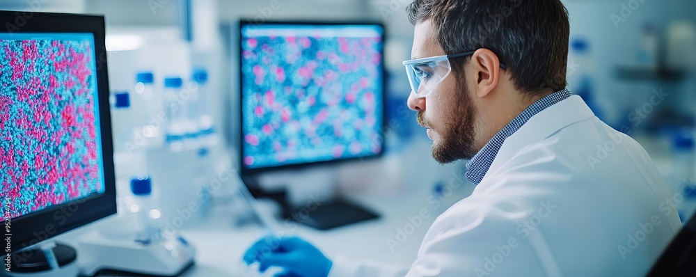 Researcher using flow cytometry to analyze cell populations, cell ...