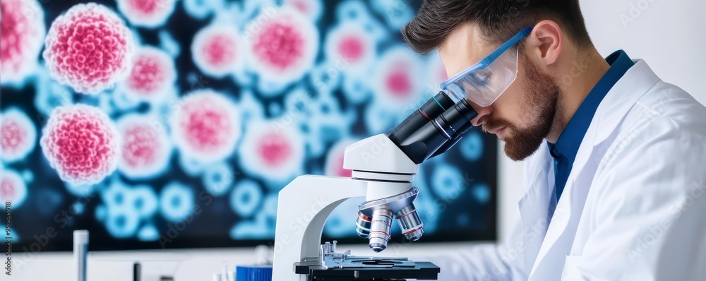 Researcher using a laser scanning microscope for detailed cell imaging ...