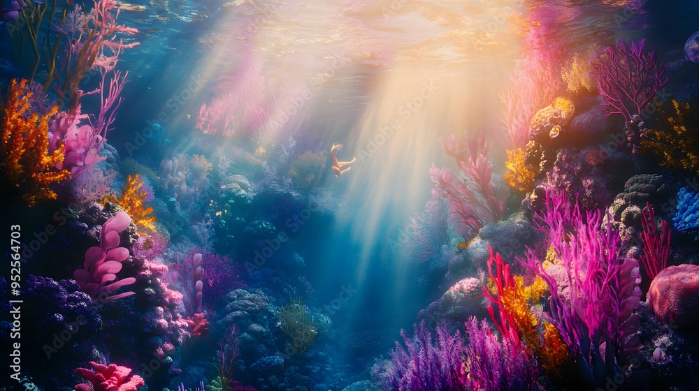 Underwater world with mermaids exploring coral gardens and sunlight ...