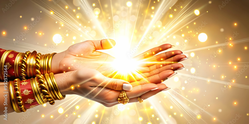 Flat Radiant digital art of hands offering Labh Pancham blessings ...
