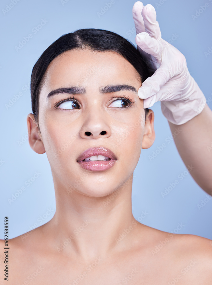 Woman, face and plastic surgery with gloves for facial transformation ...