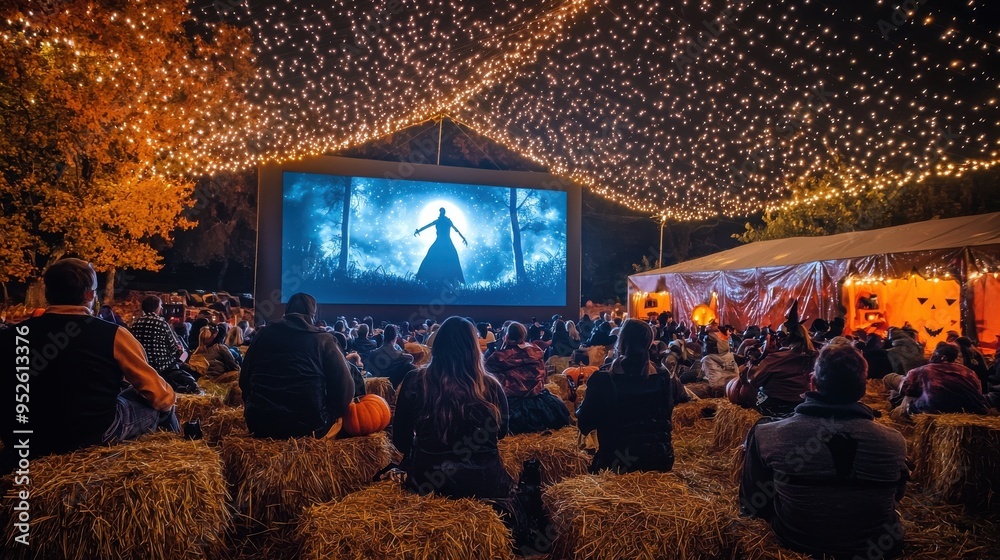 Foto A spooky outdoor cinema setup with a giant screen showing a ...