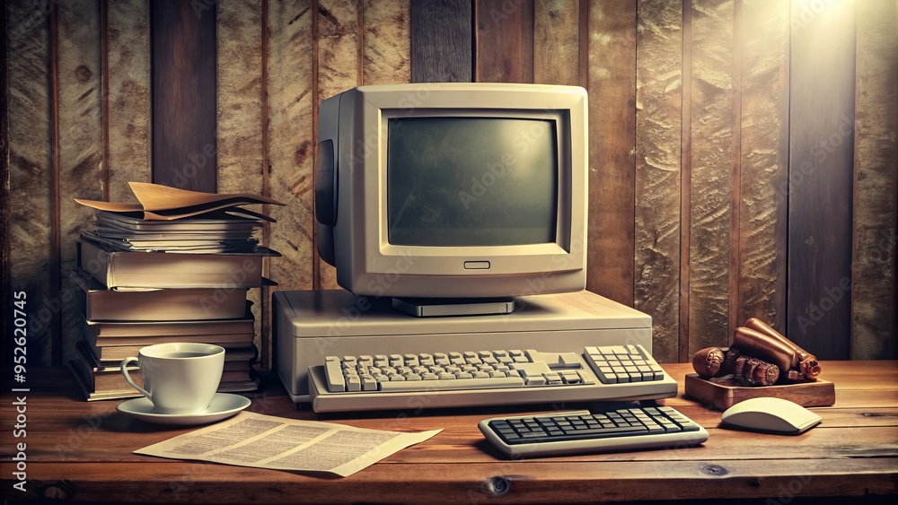 Vintage desktop computer with bulky monitor and dusty keyboard on a ...