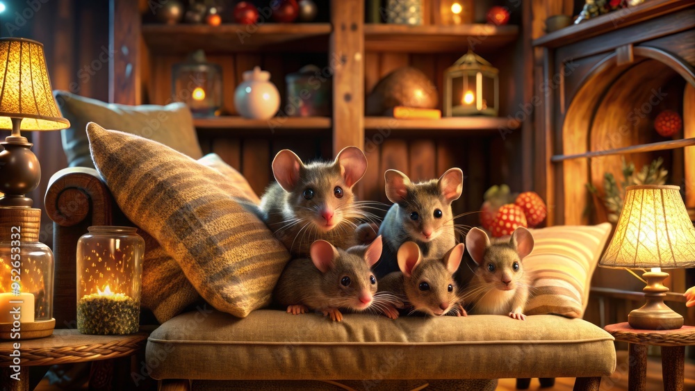 Adorable curious mice scurry around a cozy living room, exploring ...