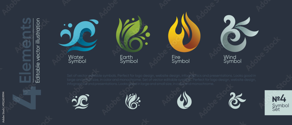 Four Elements fire water earth air Icon Set Logos Stock Vector | Adobe ...