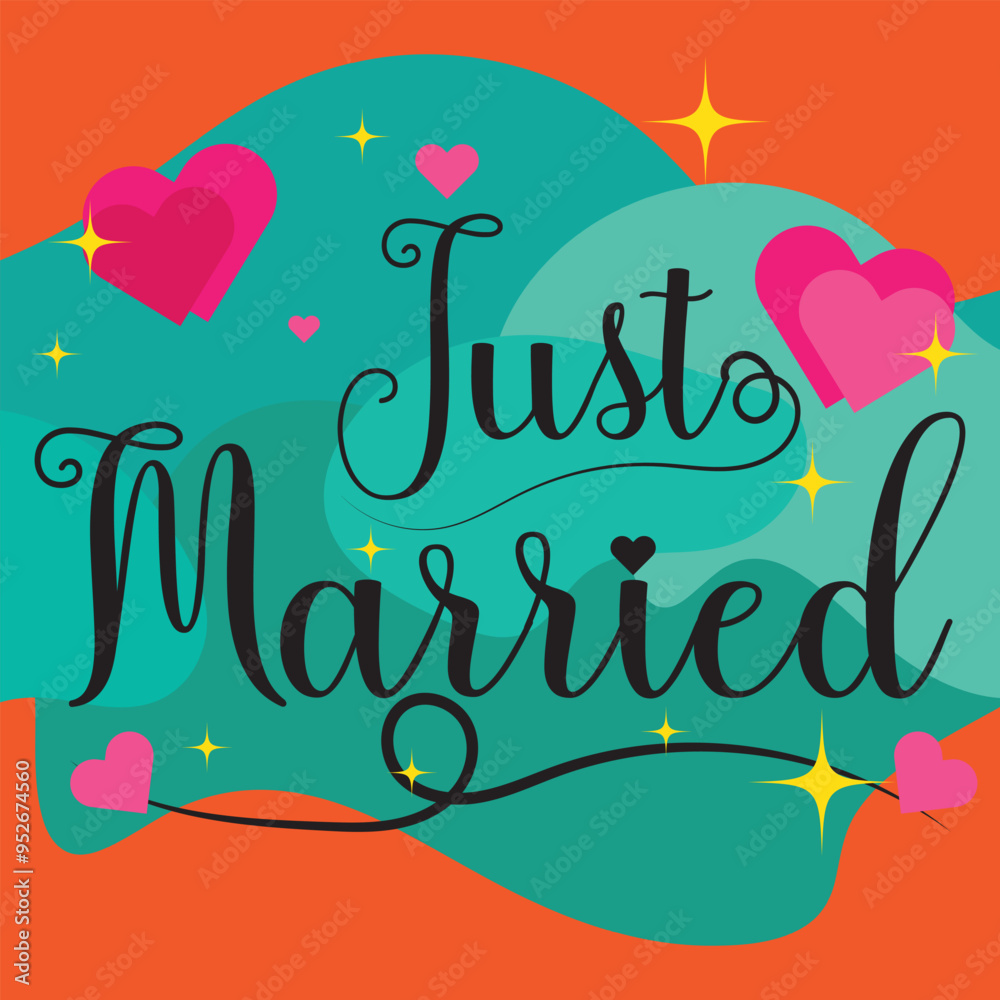 JUST MARRIED hand lettering, vector illustration. Hand drawn lettering ...