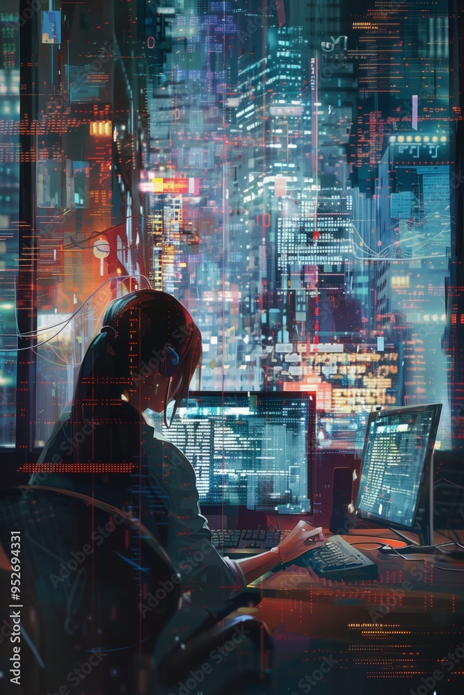 Female Programmer coder, working on laptop with floating, glowing ...