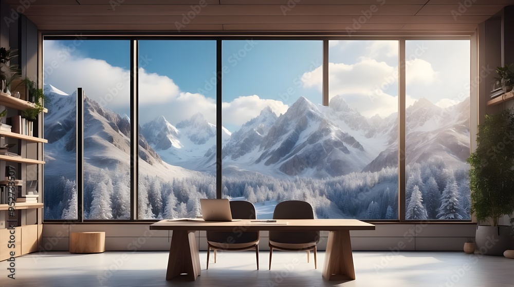 The virtual study room with windows and a bookcase with mountains ...