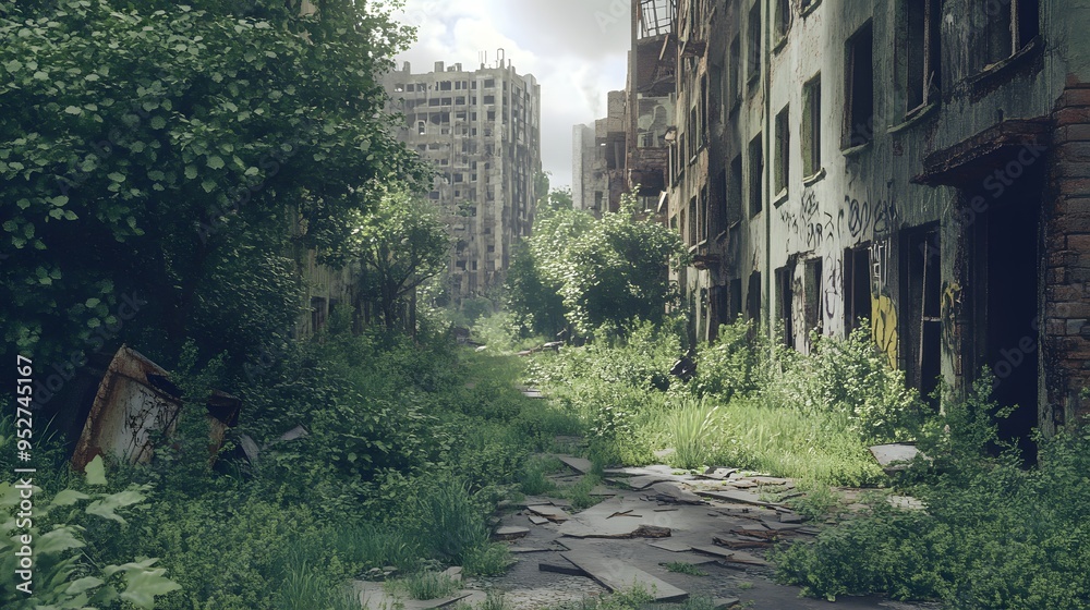 Post-apocalyptic cityscape with overgrown vegetation reclaiming ...