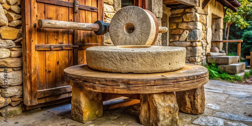 Ancient stone grinder wheel, worn and weathered, sits atop a wooden ...