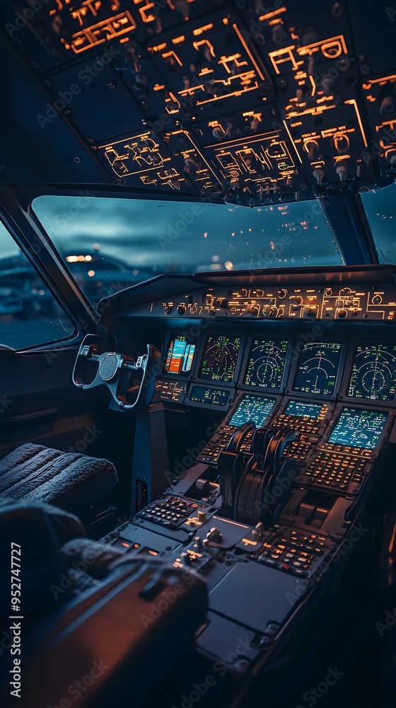 An interior view of a commercial airplane cockpit, featuring the pilot ...