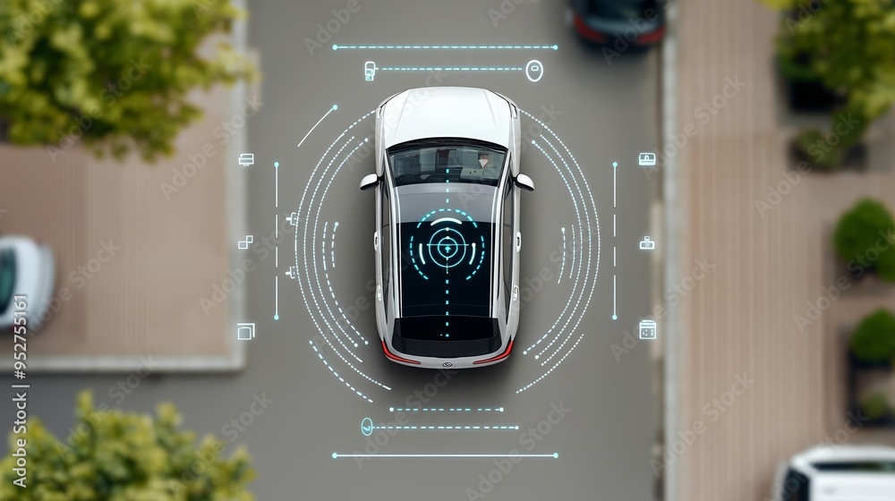Top-down view of a smart car using advanced parking assist technology ...