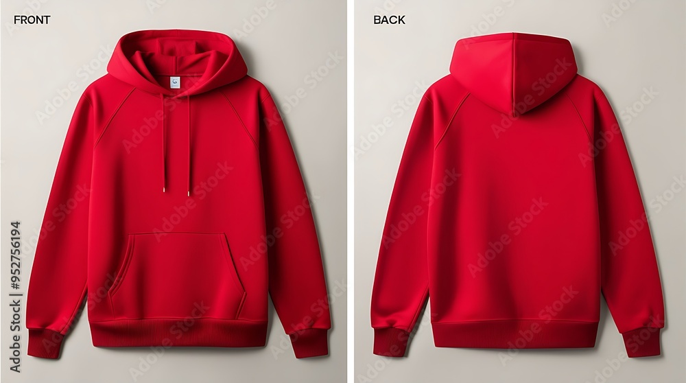 Red hooded sweatshirt has a striking red drawstring, shown in front and ...