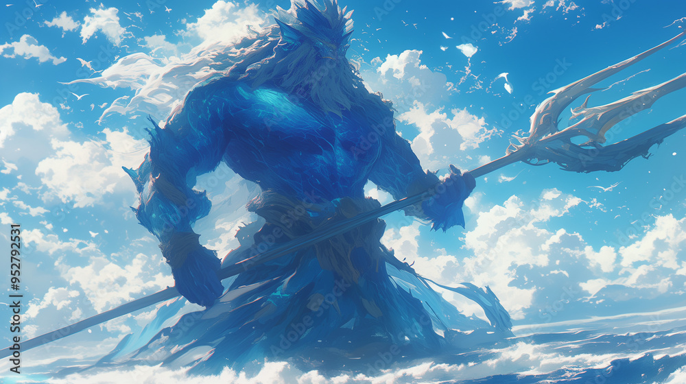 grand water elemental warrior towering above the waves, holding a ...