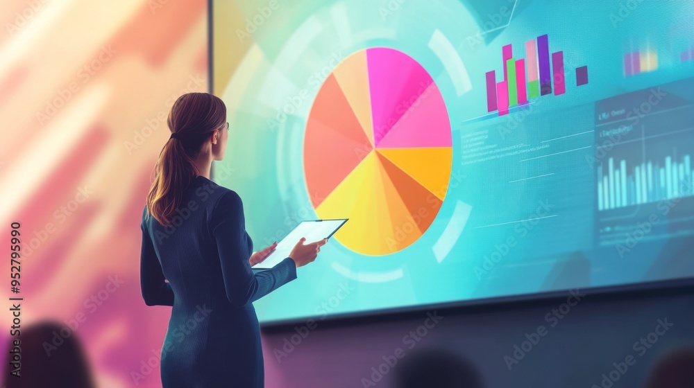 Female executive standing in front of a large screen displaying a 3D ...
