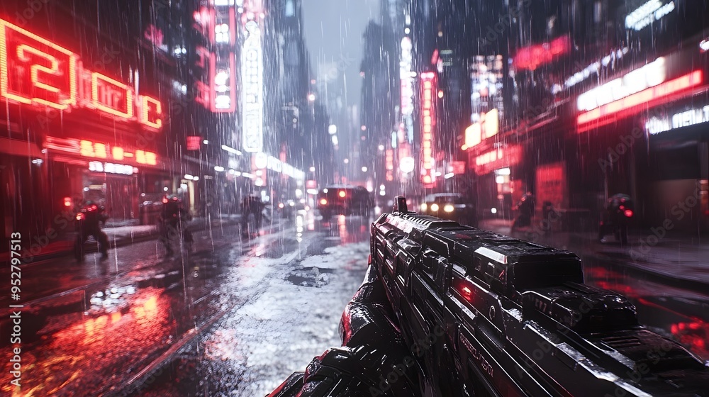 First-person view of sniper rifle in futuristic neon city street under ...