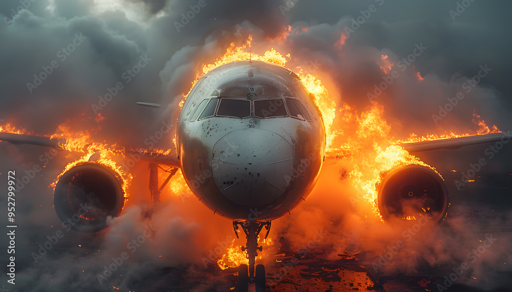 Plane on Fire with Smoke Billowing, Dramatic Aircraft Emergency and ...