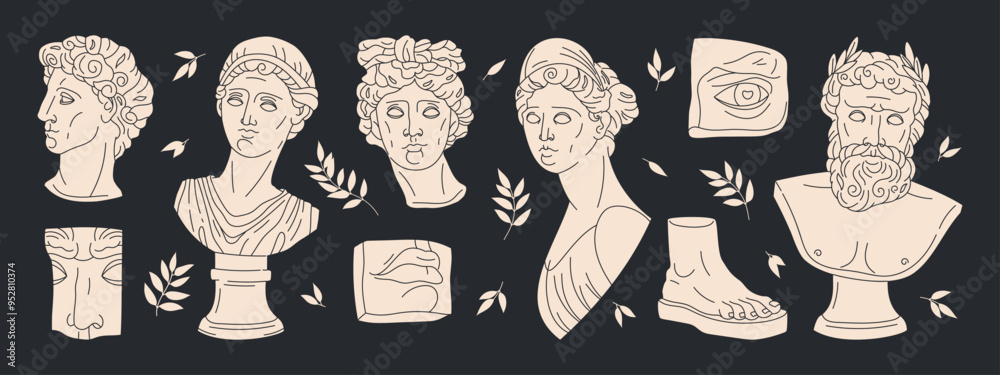Ancient statues. Greek antique sculptures, marble heads and body parts ...