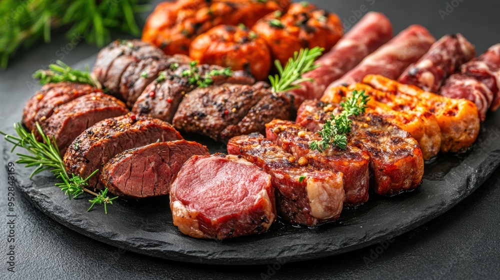 protein-packed meats displayed on a platter in a visually striking way ...