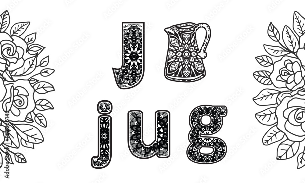 Mandala alphabet coloring page design letter J with word kids, adults ...