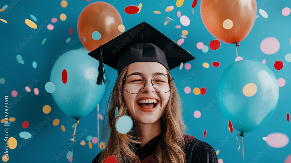 Mujer Graduándose Rodeada de Globos y Confeti Stock Photo | Adobe Stock