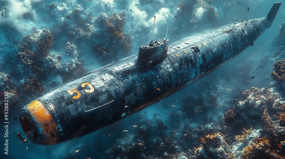 Underwater scene featuring a large, weathered submarine with the number ...