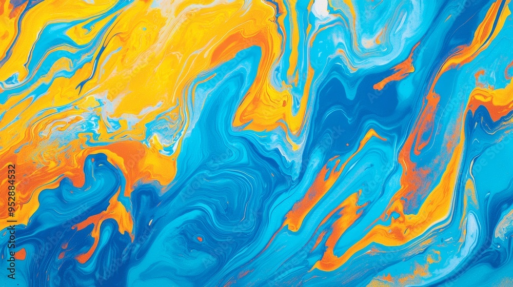 Blue and yellow acrylic paint mixing together creating a marbled effect ...