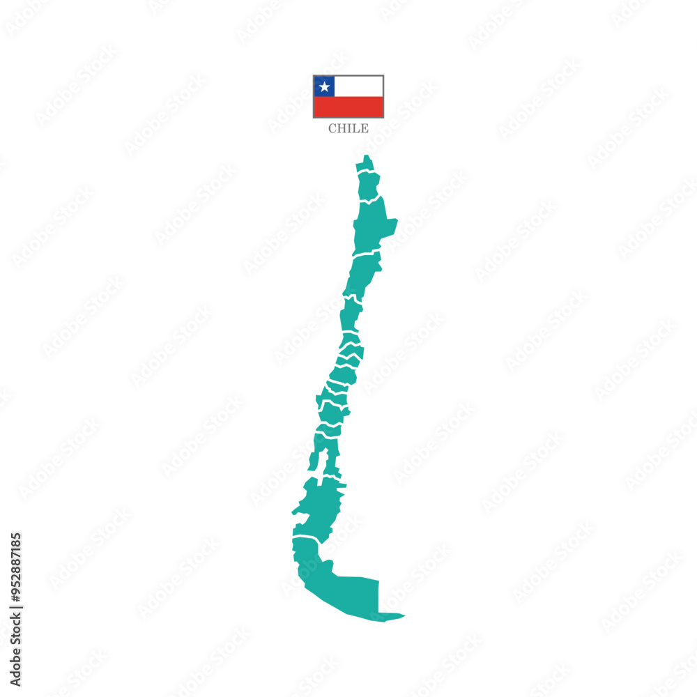 Colored (torquoise) silhouette map of Chile with the outline of regions ...