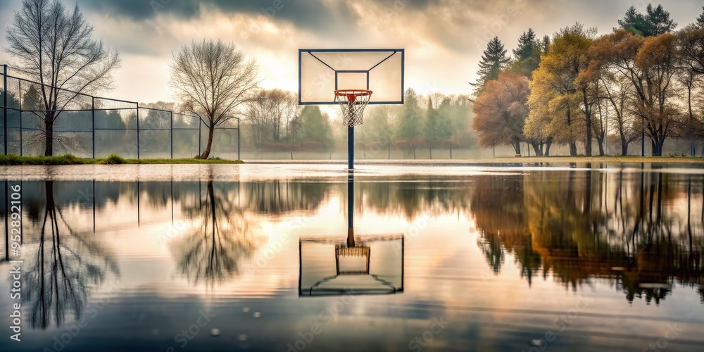 Reflection of basketball backboard and hoop in water after rain ...