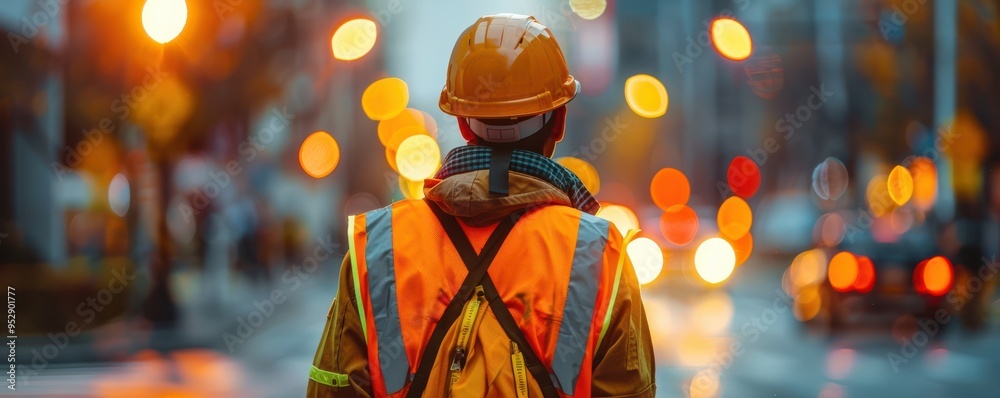 Back view of a worker wearing a safety vest and hard hat, standing on a ...