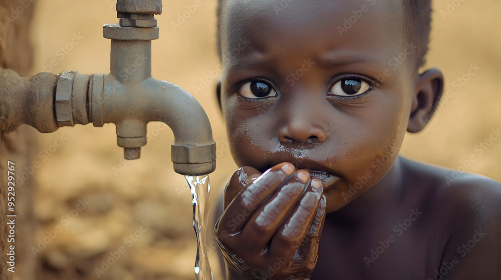 Sad little black African boy drinking tap water with hand from faucet ...