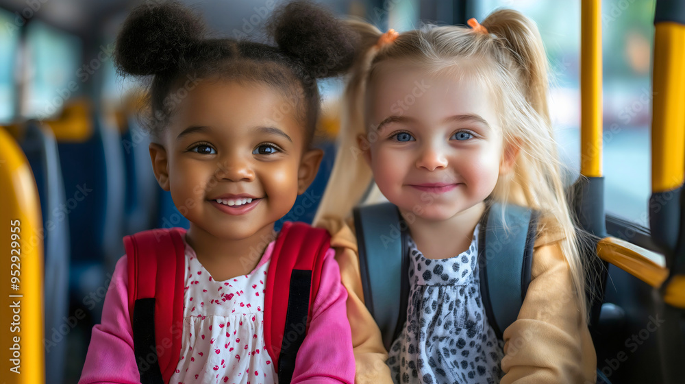 Two little girls wearing backpacks and sitting in bus seat, African ...