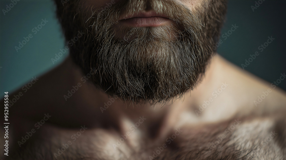 A shirtless, muscular man body with a hairy chest and beard, manly ...