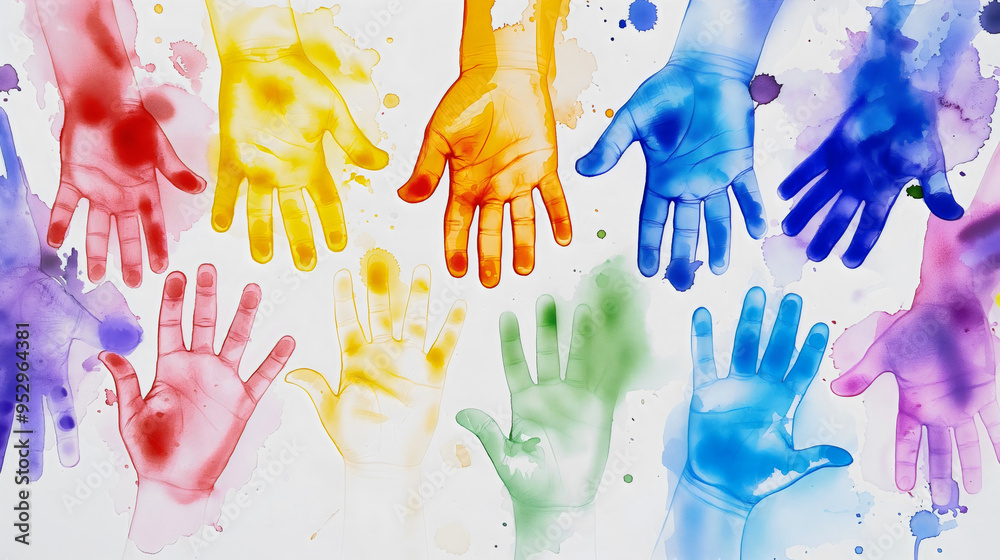 Diversity handprints in watercolor, colorful kid fingerprints on ...