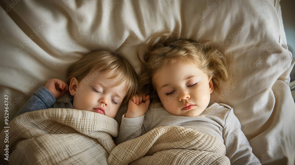 Boy and girl sleeping in bed, top view of children resting, two ...